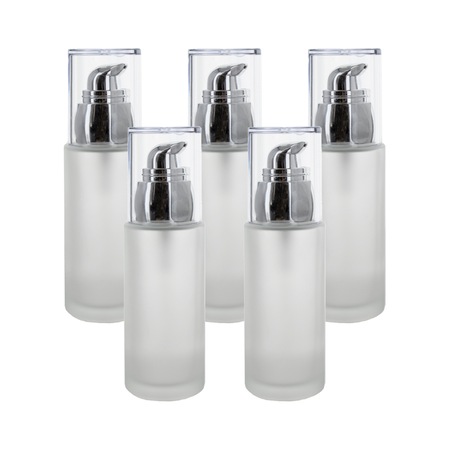 Set 5 bucati recipiente sticla mata 50 ml si pompa argintie, capac ...