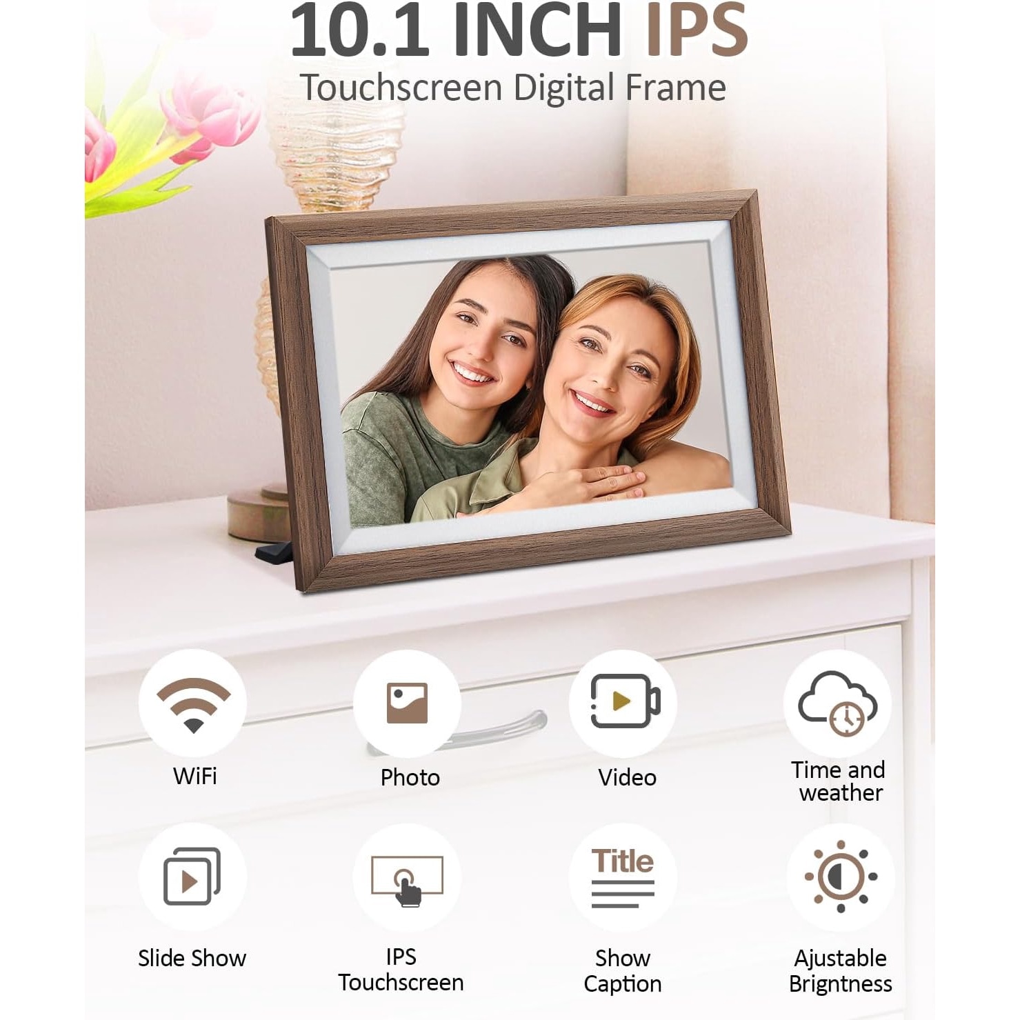 Rama foto digitala WiFi de 10, 1 inchi Ecran tactil de lemn IPS HD ...