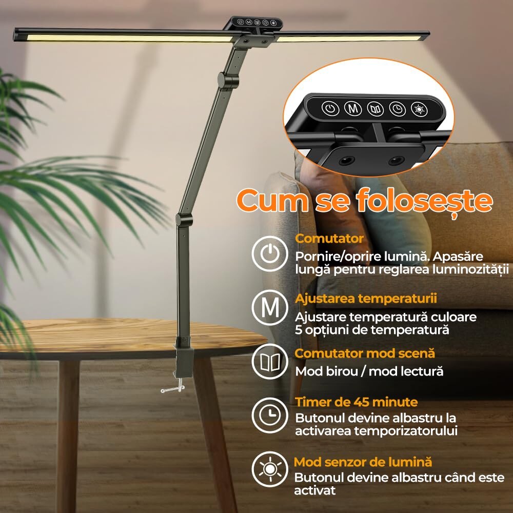 Lampa de birou si masa de lucru rotativa, cu 2 brate extensibile ...