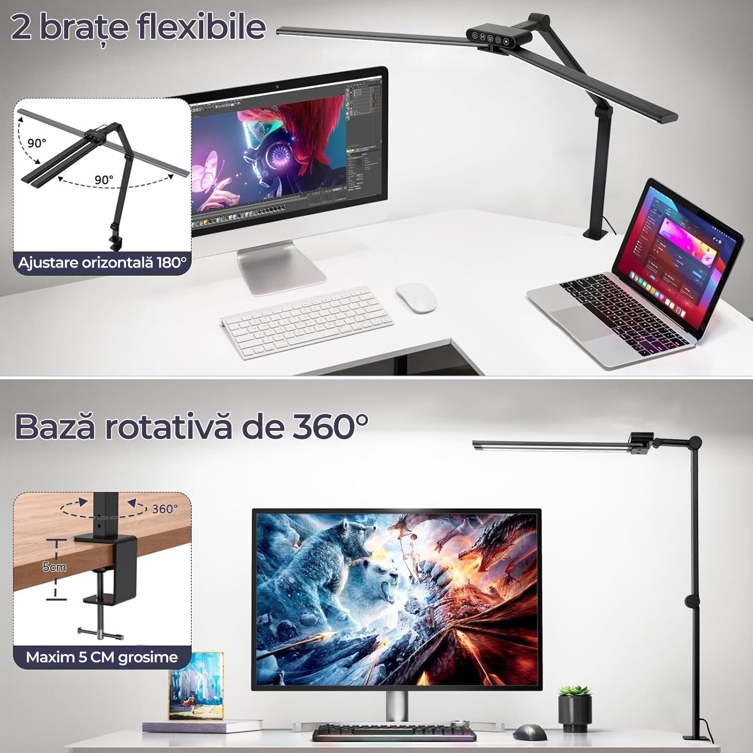 Lampa de birou si masa de lucru rotativa, cu 2 brate extensibile ...