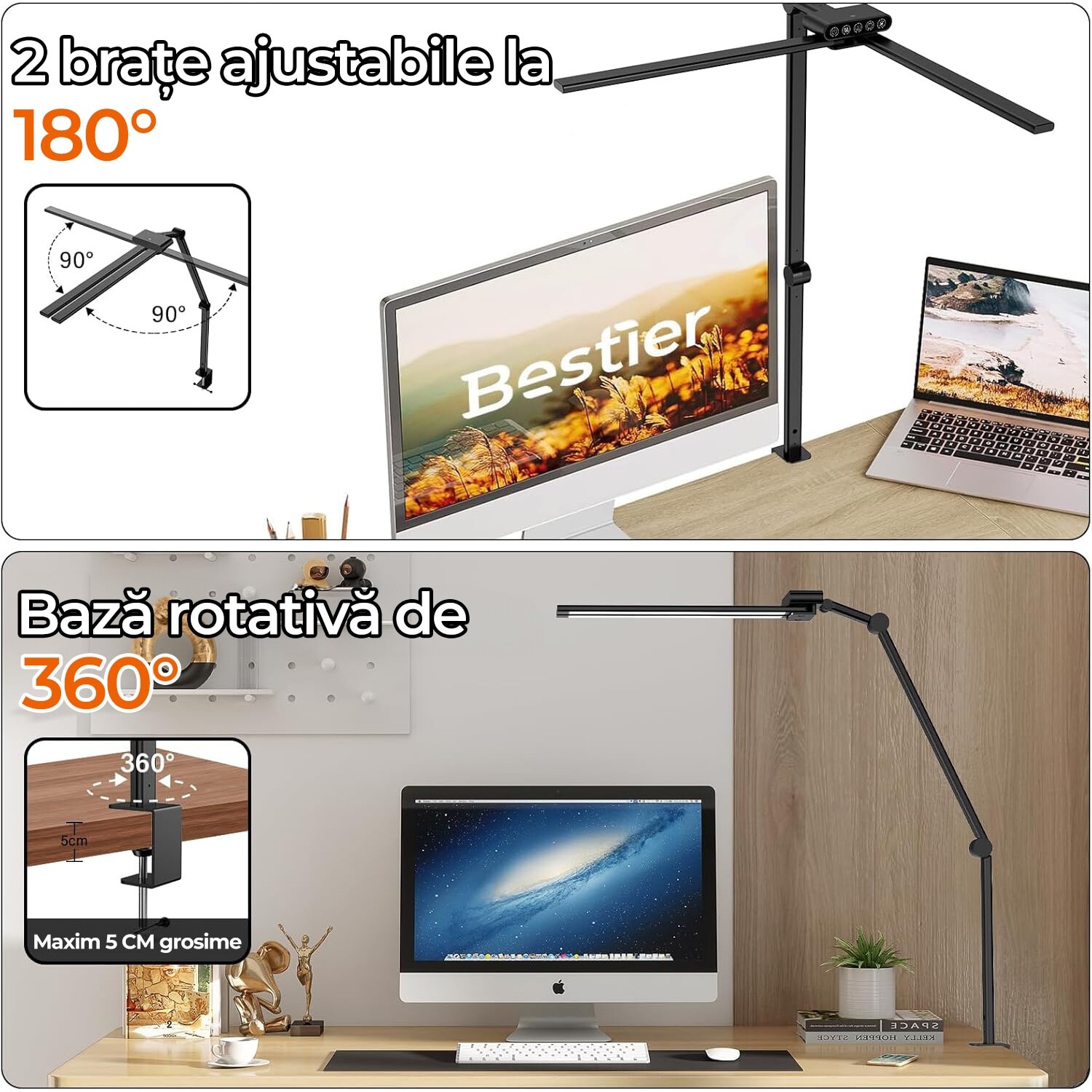 Lampa de birou si masa de lucru rotativa, cu 2 brate extensibile ...