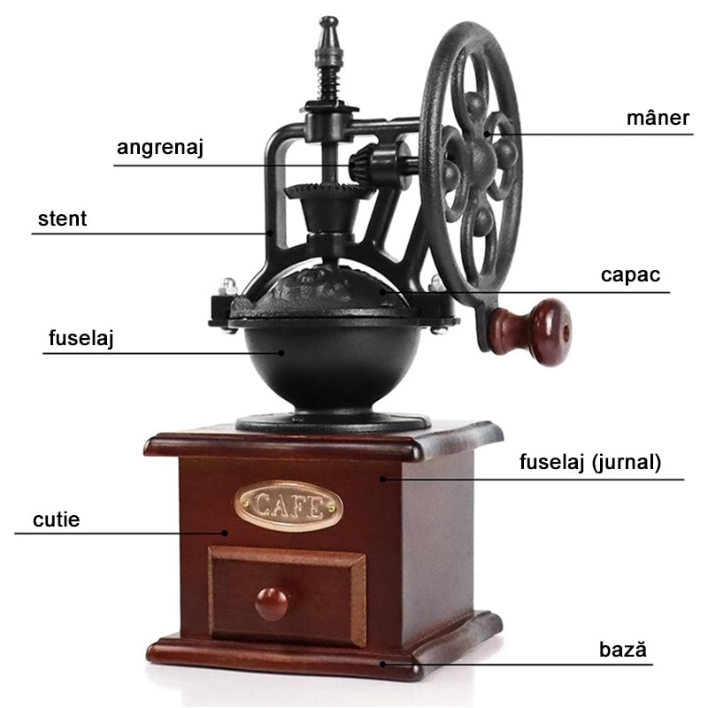 Rasnita de cafea manuala, Rqiurpn, Din lemn, Cu miez ceramic, Ajustare ...