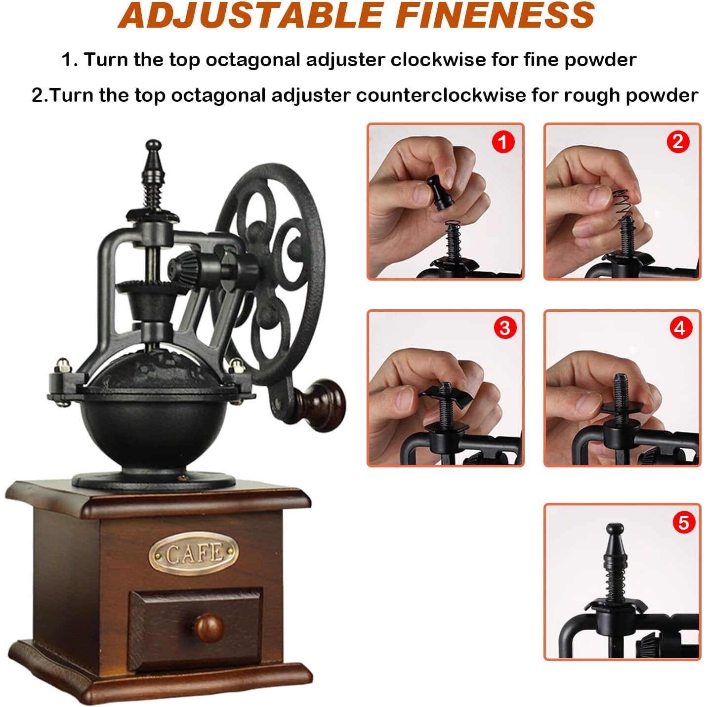 Rasnita de cafea manuala, Rqiurpn, Din lemn, Cu miez ceramic, Ajustare ...