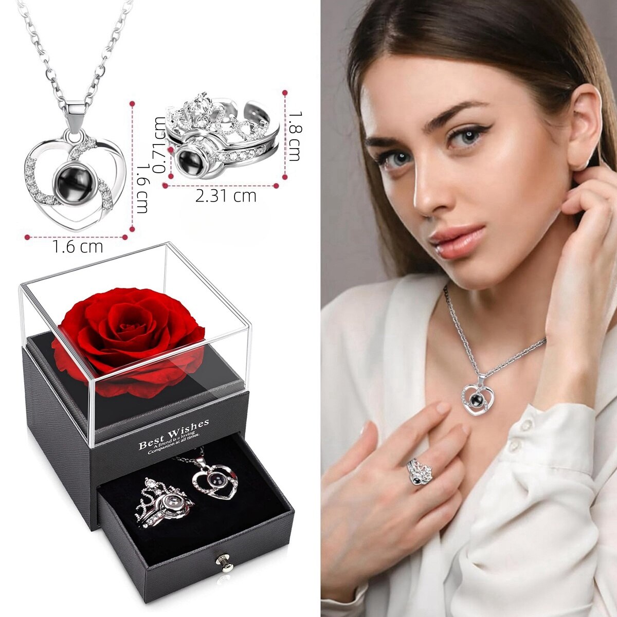 Set Cadou Elegant cu Trandafir Criogenat Rosu – Colier si Inel Coroana ...