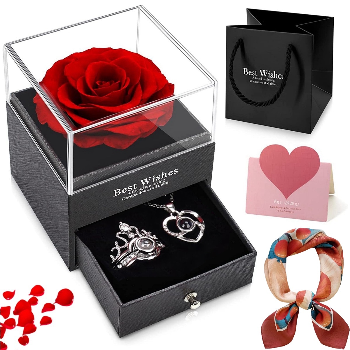 Set Cadou Elegant cu Trandafir Criogenat Rosu – Colier si Inel Coroana ...