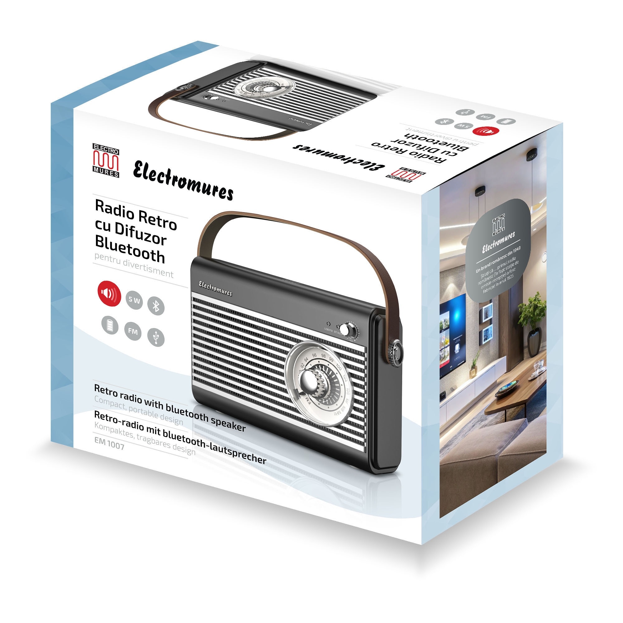 Radio portabil retro cu difuzor Bluetooth Electromures EM 1007, 5V ...