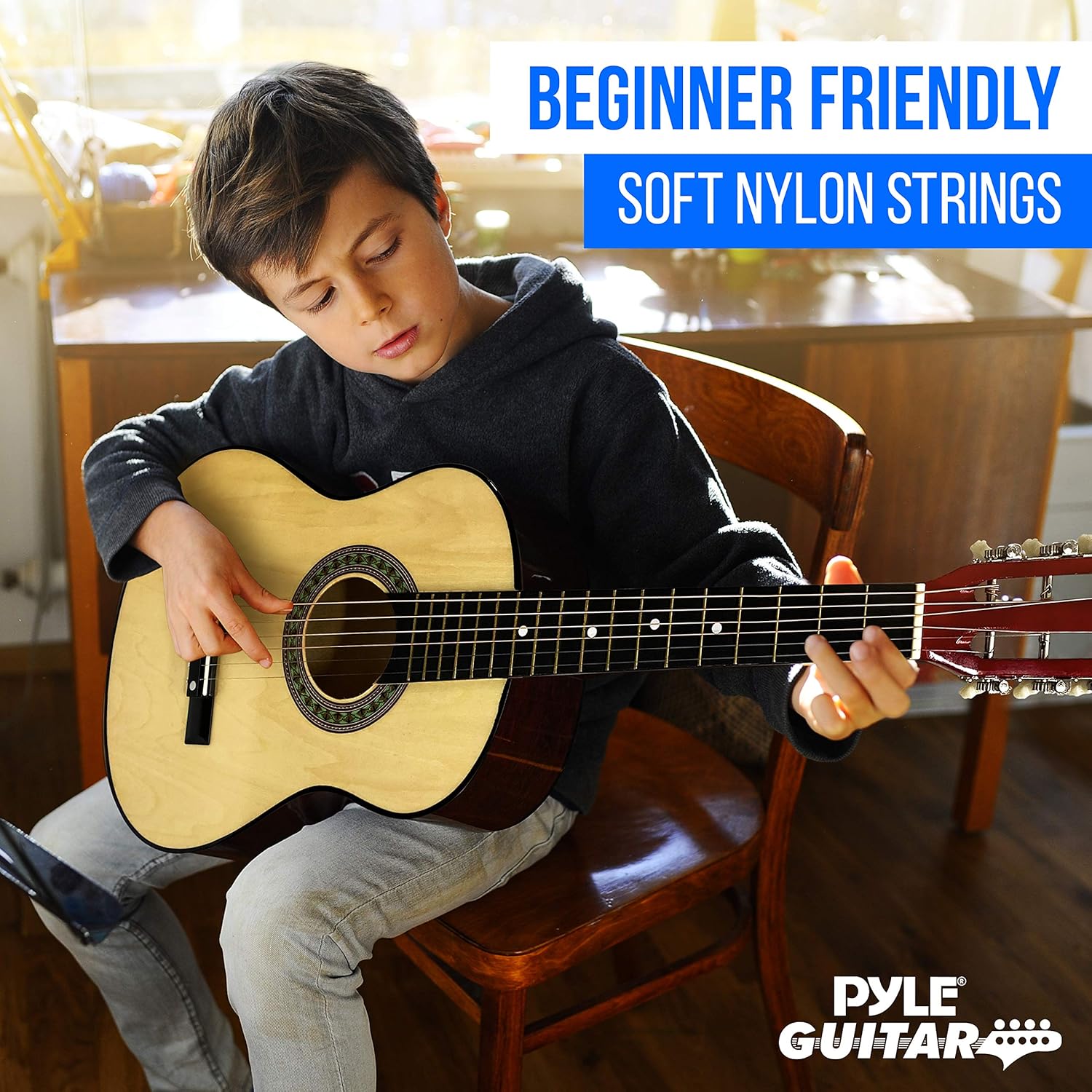 Chitara clasica din lemn, RorAem, cu Mini chitara acustica, cu 6 Corzi reale reglabile lemn ...