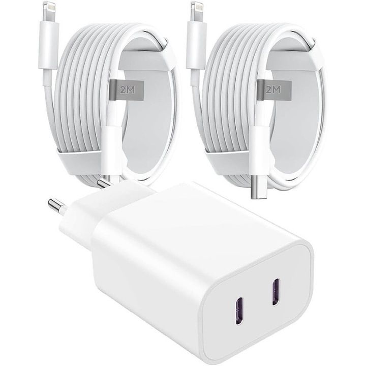 Incarcator rapid 20W pentru iPhone, 2 porturi USB-C, cabluri USB-C 2M ...