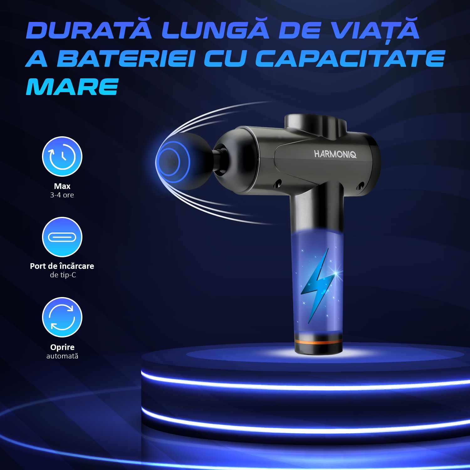 Aparat pentru Masaj Profesional Tip Pistol HARMONIQ, 99 Viteze,4 Capete ...