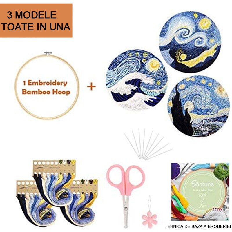 Set de broderie Rqiurpn, cu model floral, 3 bucati, 20x20cm, albastru ...