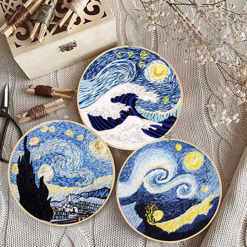 Set de broderie Rqiurpn, cu model floral, 3 bucati, 20x20cm, albastru ...