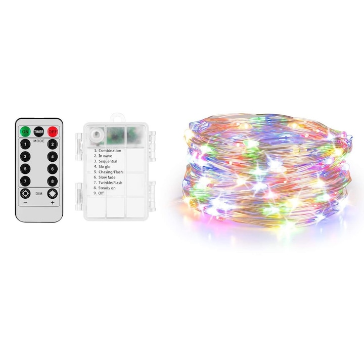 Kit banda LED 10m,100 de becuri LED, cu telecomanda, cu baterii, multi ...
