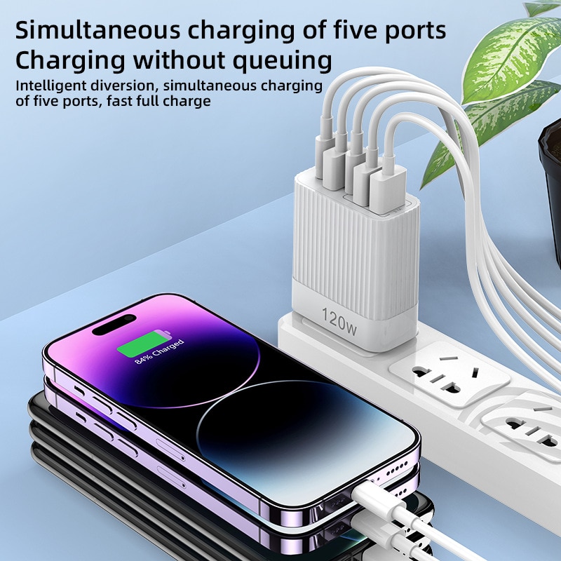 Incarcator telefon si tableta, 120W, 3USB+2PD, negru - eMAG.ro