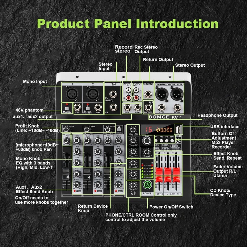 Mixer audio profesional BOMGE KV4 4 canale, efecte DSP 99, interfata audio USB, alimentare ...