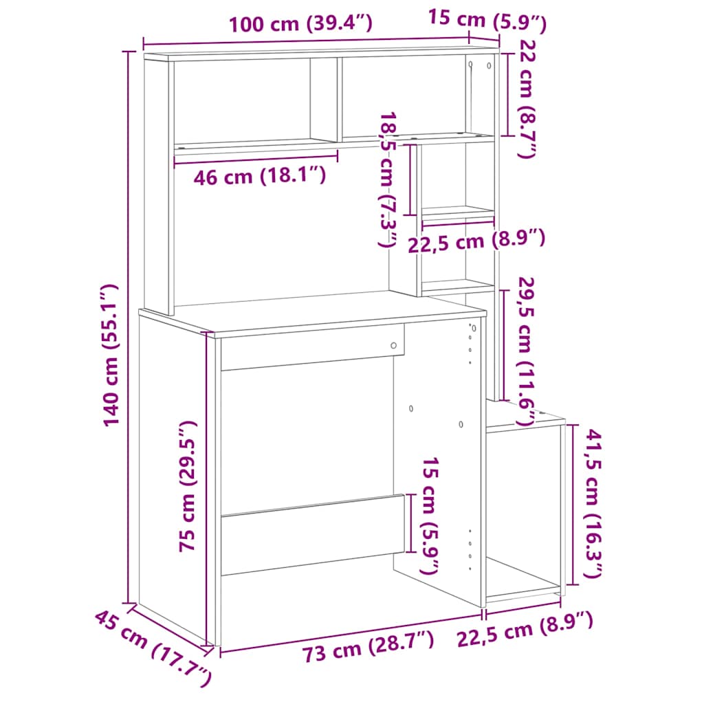Birou cu rafturi vidaXL, gri sonoma, 100x45x140 cm, lemn compozit, 24. ...