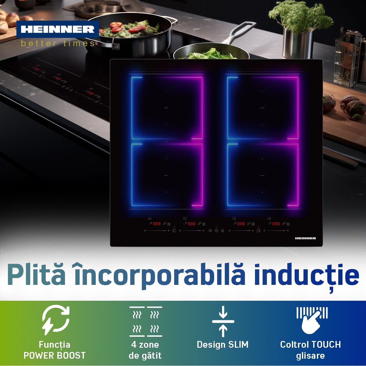 Plita incorporabila Heinner HBHI-M4ZB2FXSMTC, Inductie, 4 zone de gatit ...