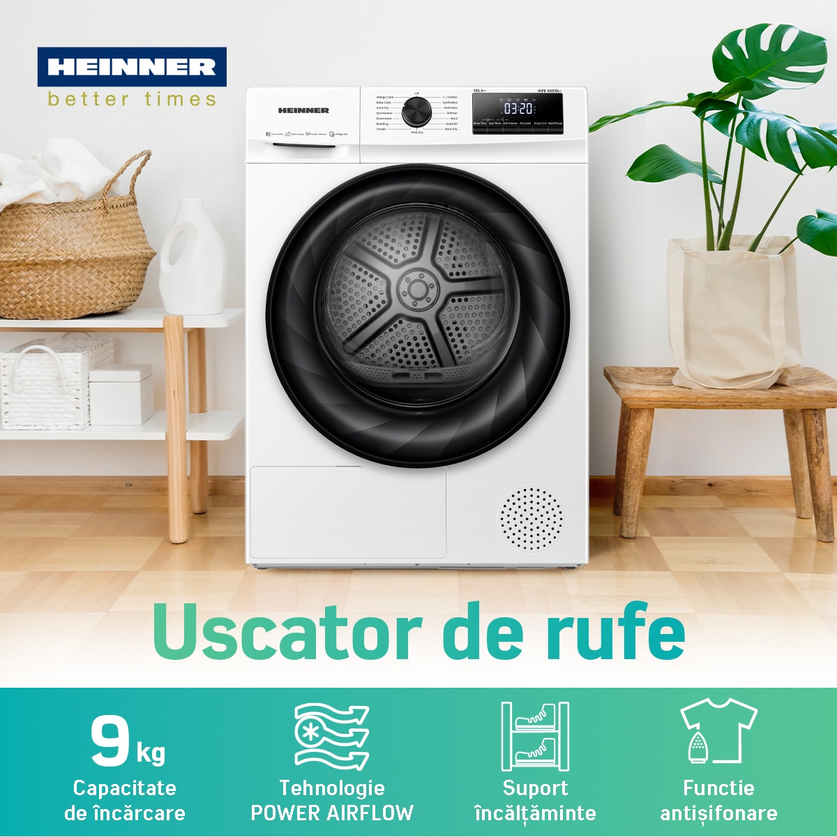 Uscator de rufe Heinner HHPD-H90FRA++, Pompa de caldura, 9 kg, 15 programe, Clasa A++, Display ...