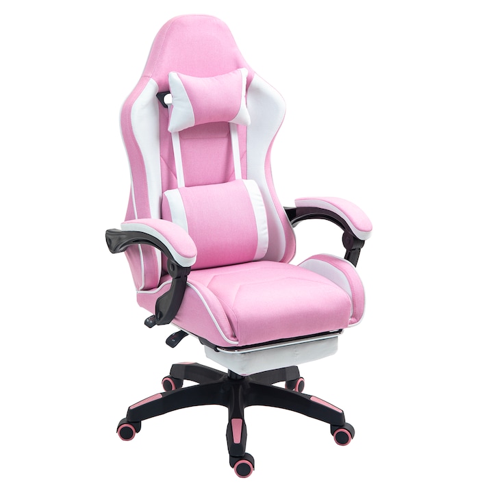 Scaun gaming B1, roz, functie sezlong cu suport picioare, textil roz ...