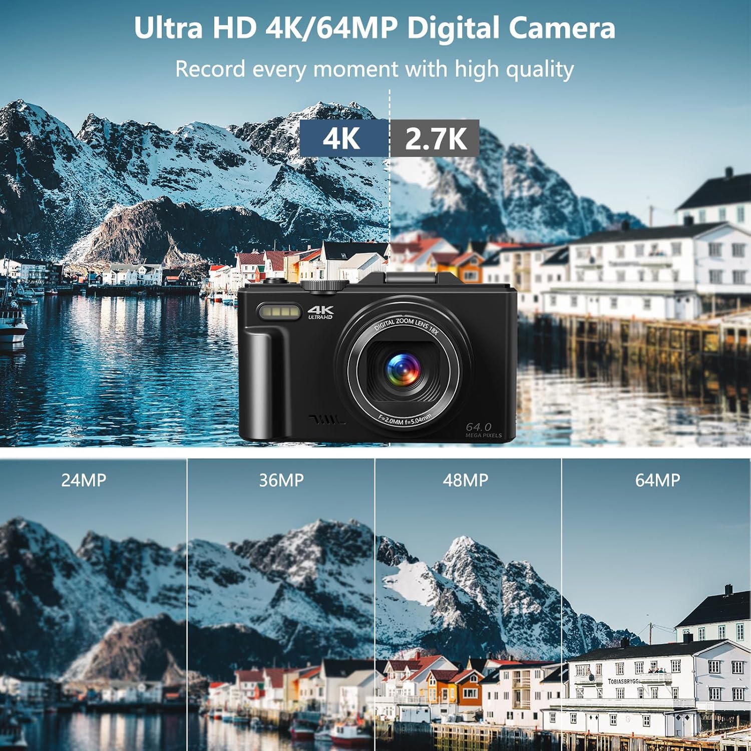 Excitat® digitális fényképezőgép, 64 MP 4K, 3,0 hüvelykes LCD, 180°-os ...