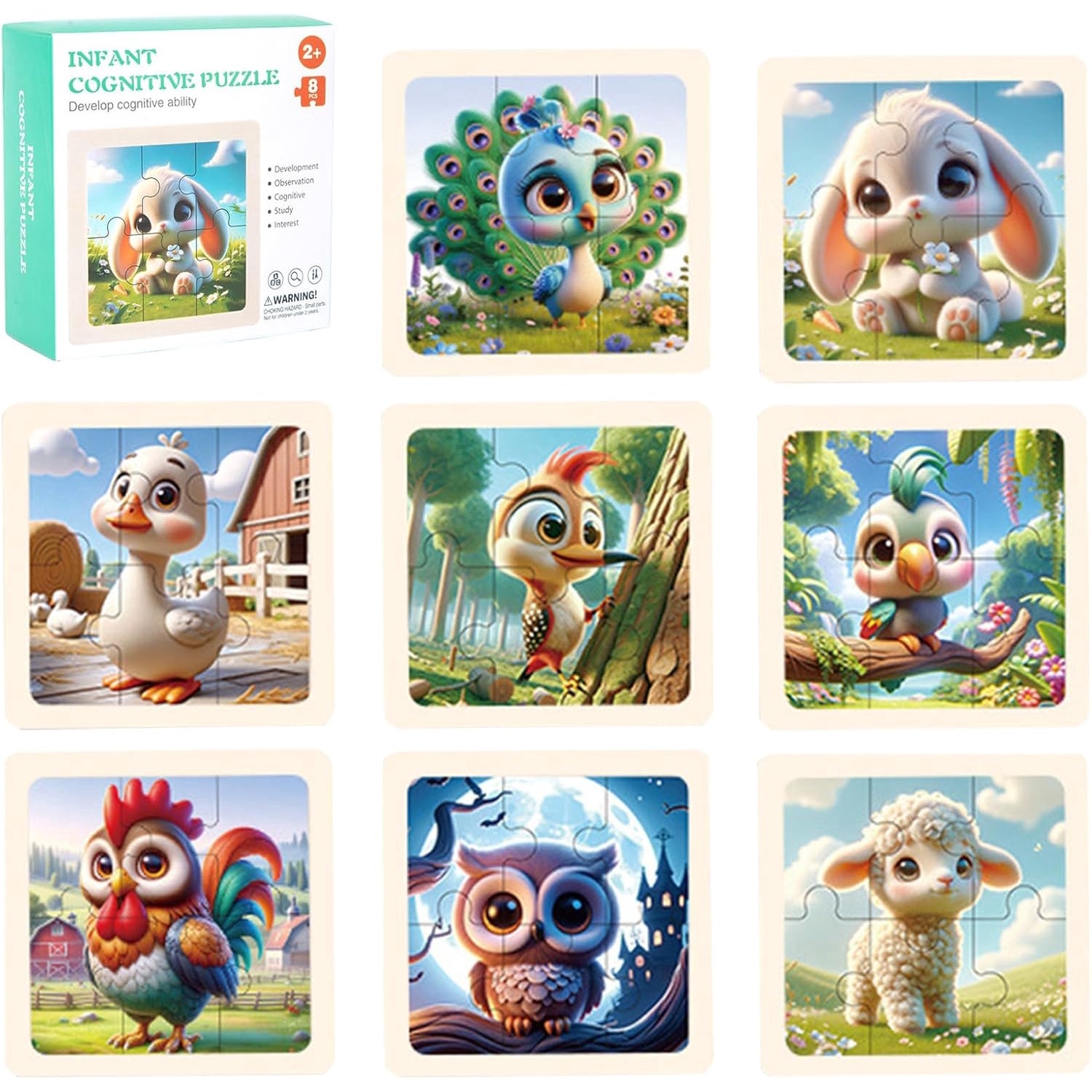 8 Pachete Puzzle din Lemn pentru Copii de 3-5 Ani, Puzzle Jigsaw pentru ...