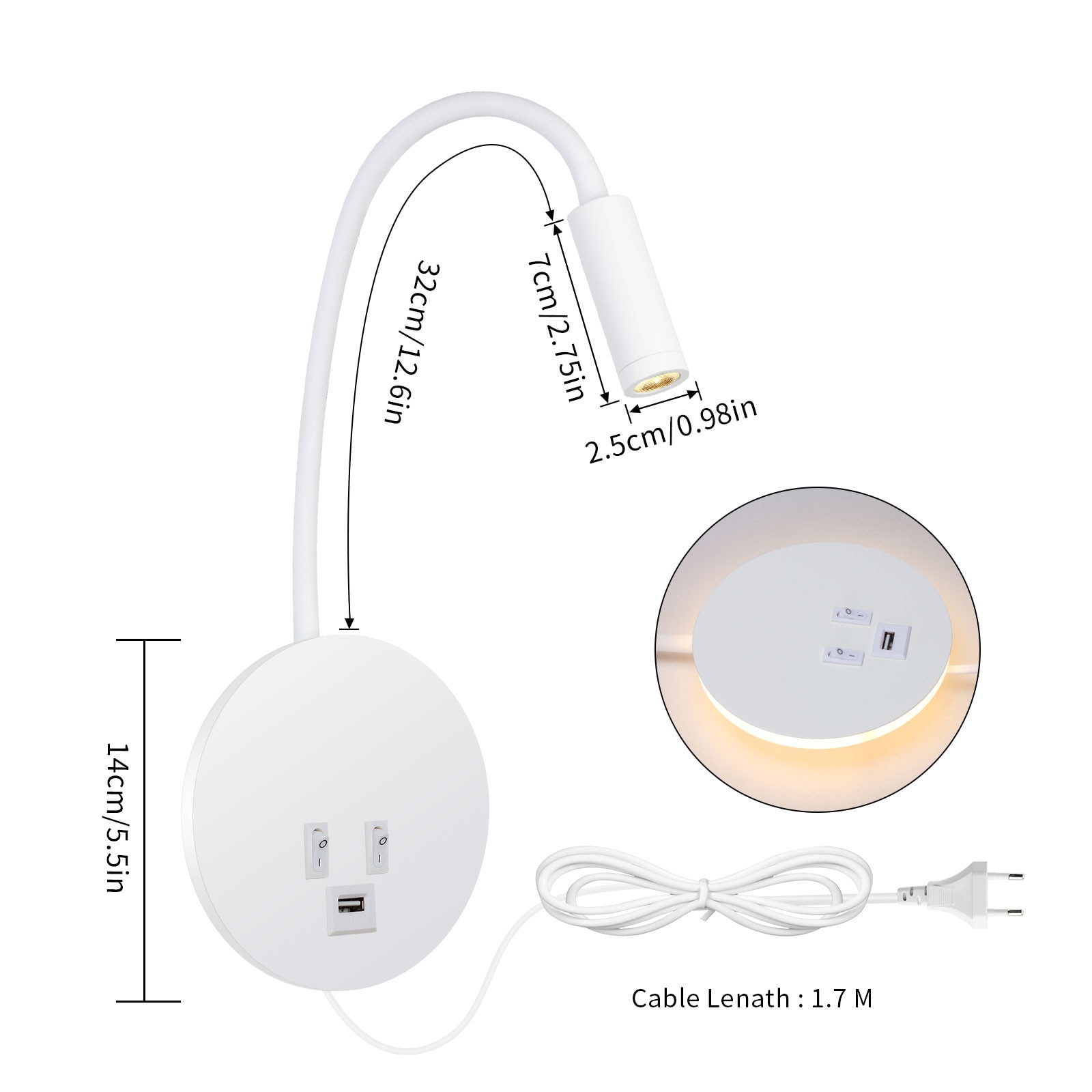 Lampa de citit pat, lampa de pat montata pe perete 3 W+8 W cu comutator ...