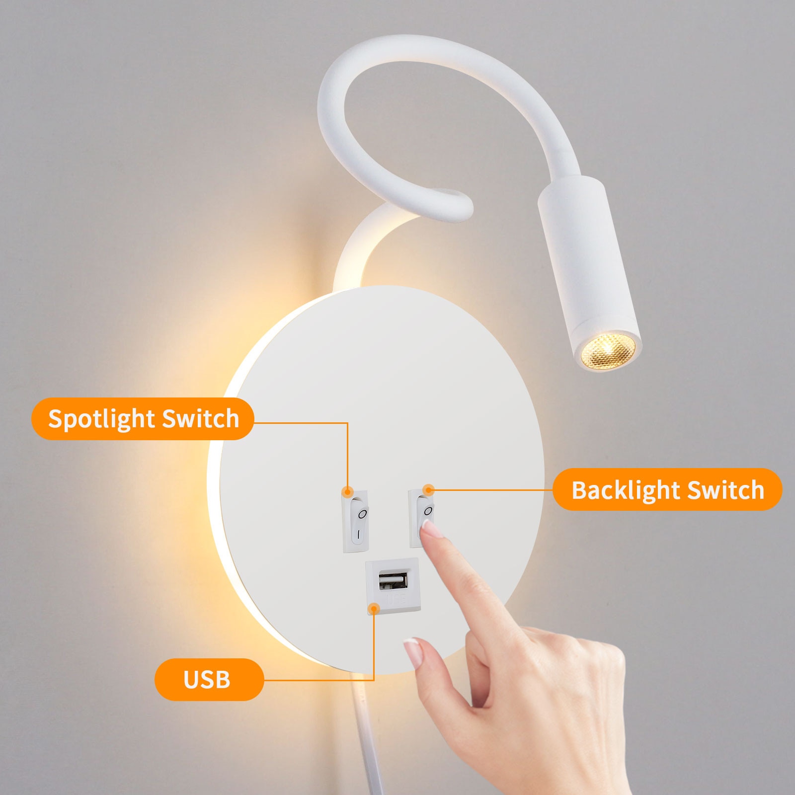 Lampa de citit pat, lampa de pat montata pe perete 3 W+8 W cu comutator ...