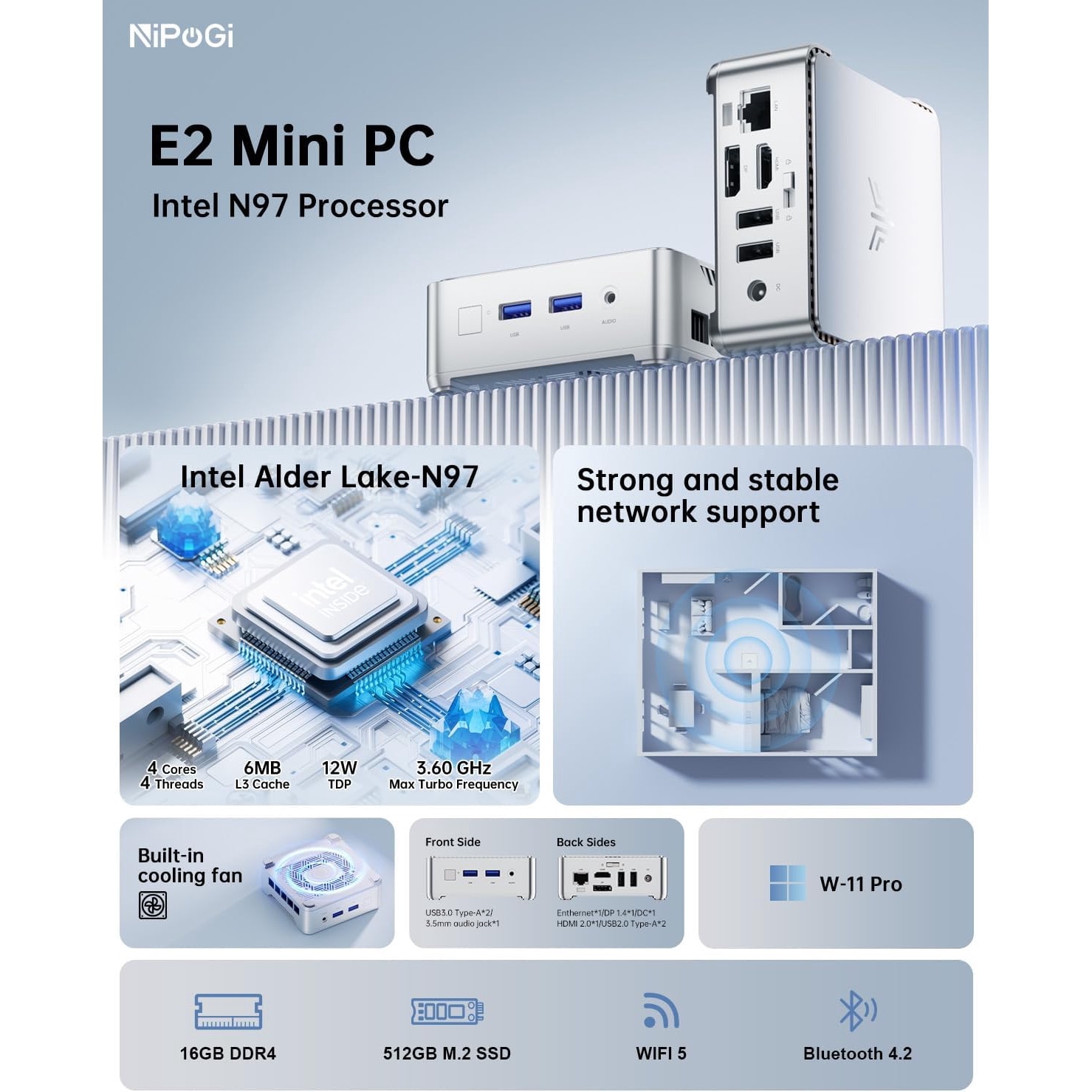 Mini PC NiPoGi cu procesor Intel Alder Lake-N97, pana la 3, 60 GHz ...