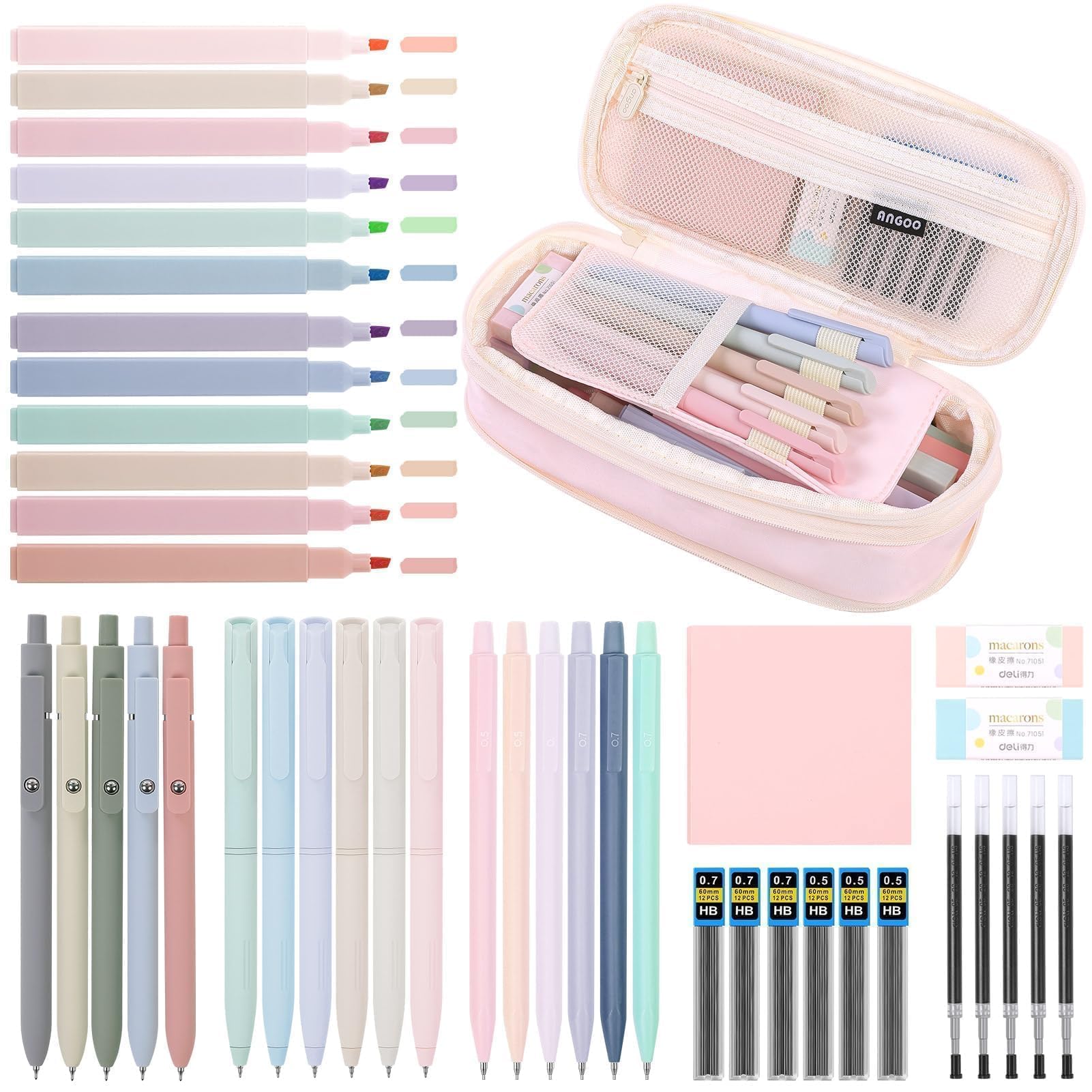 Set de rechizite MWAOWM, 44 piese, penar roz, 12 markere pastel, 5 ...
