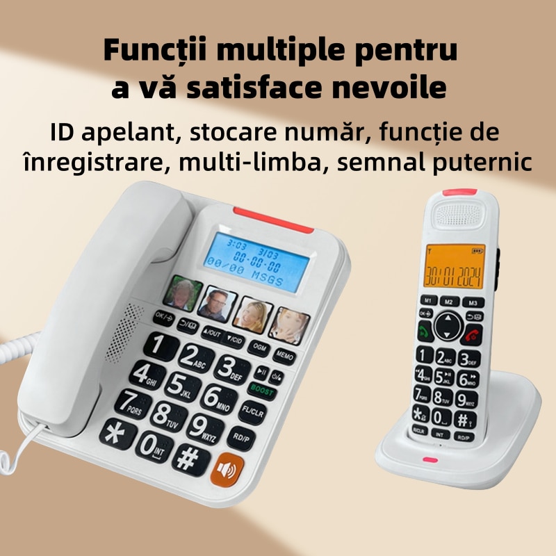 Telefon fara fir, telefon fix pentru batrani cu buton mare, ID apelant ...