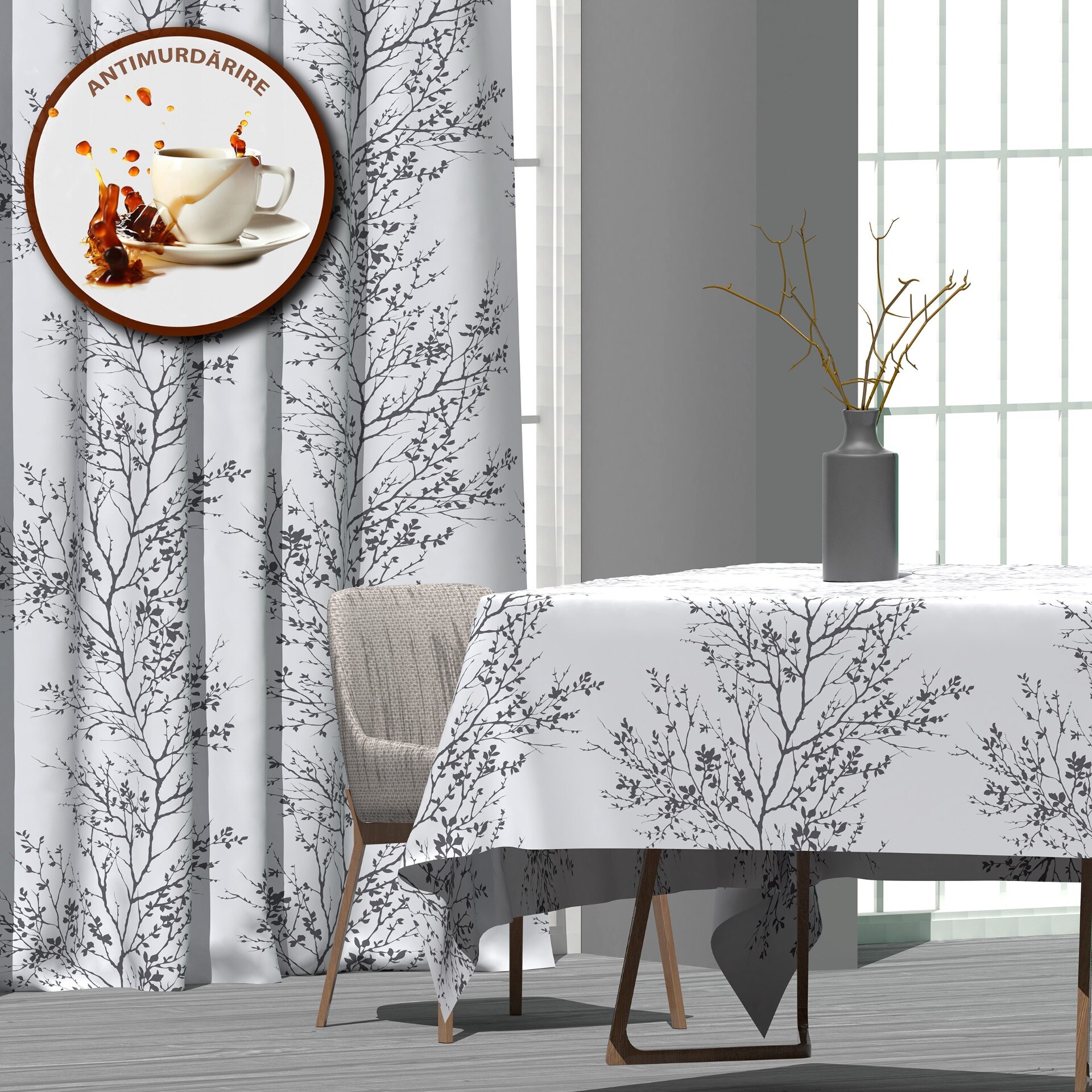 Fata de masa antimurdarire 100% Bumbac 140x180 cm, Copac inflorit Gri ...
