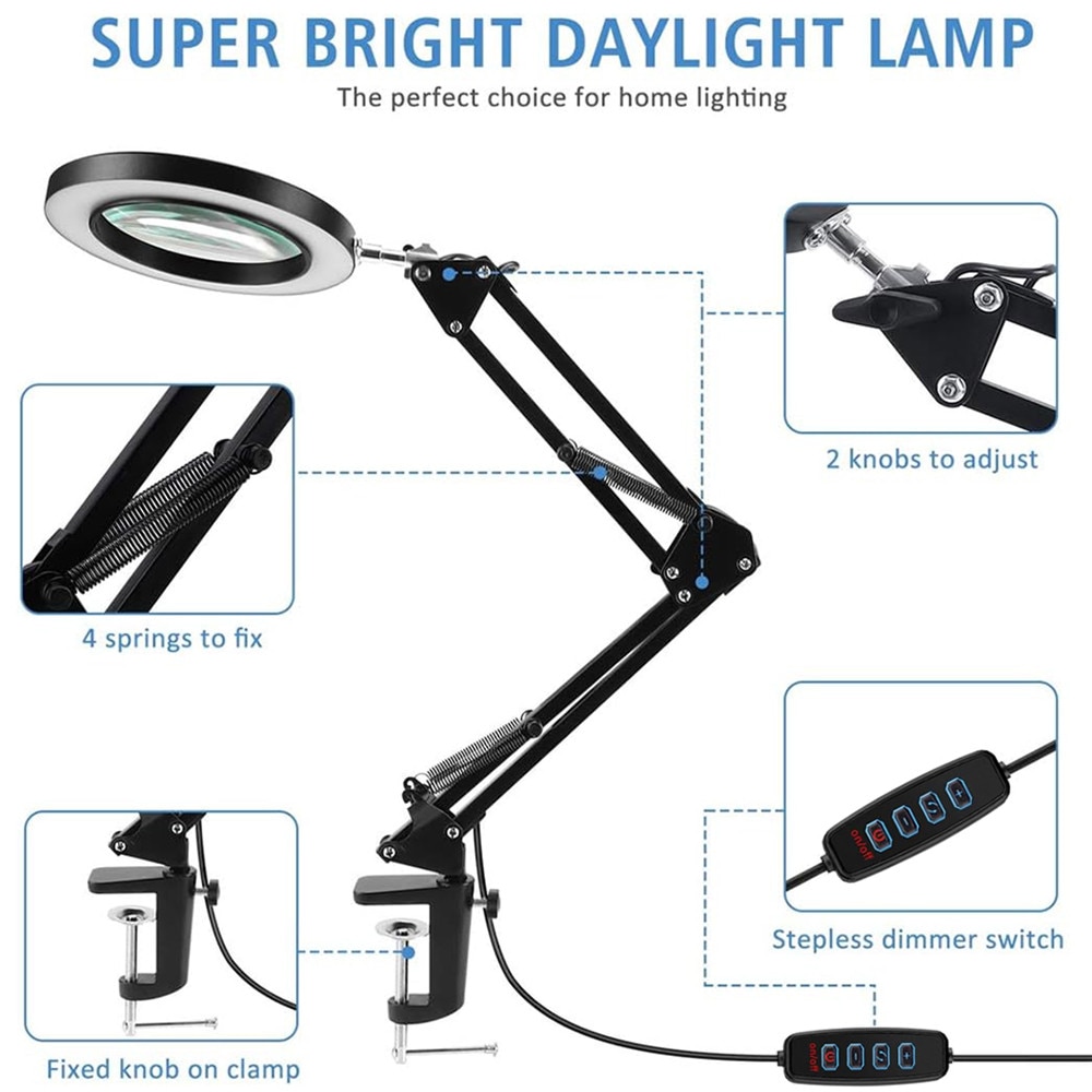 Lupa de masa cu LED, Noonedibs, Marire 10x, Lampa 360°, 10 Niveluri de ...