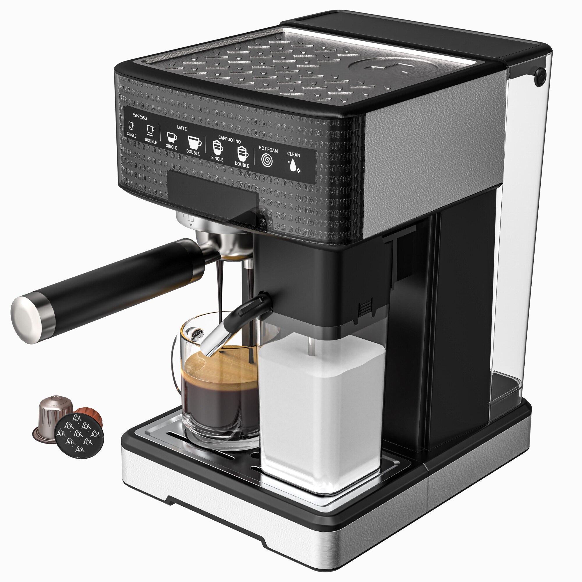 Espressor manual, One Click Latte/Cappuccino, Carafa pentru lapte cu ...