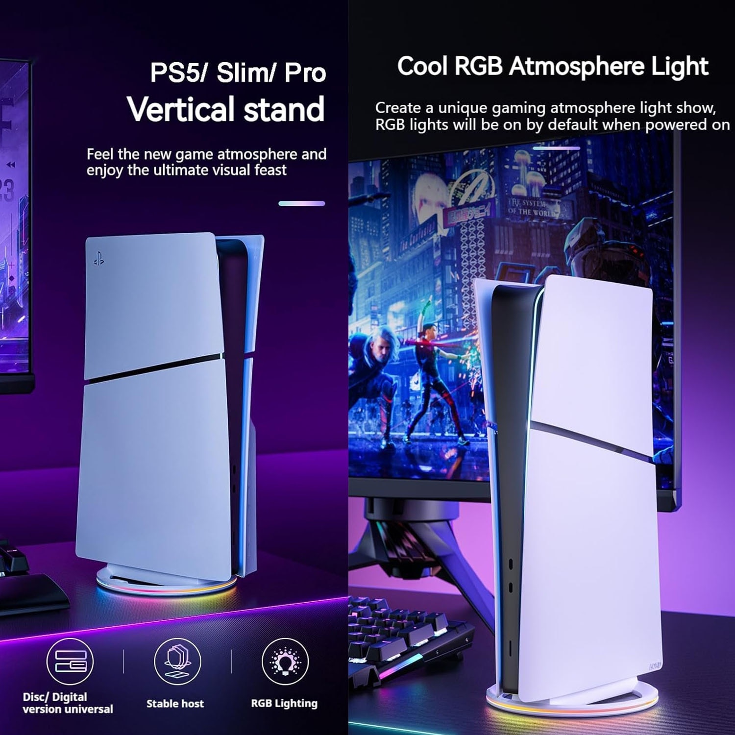 Stand Vertical pentru PlayStation 5/ PS5 Pro/ PS5 Slim, LED RGB, PsAyl®, Alb - eMAG.ro