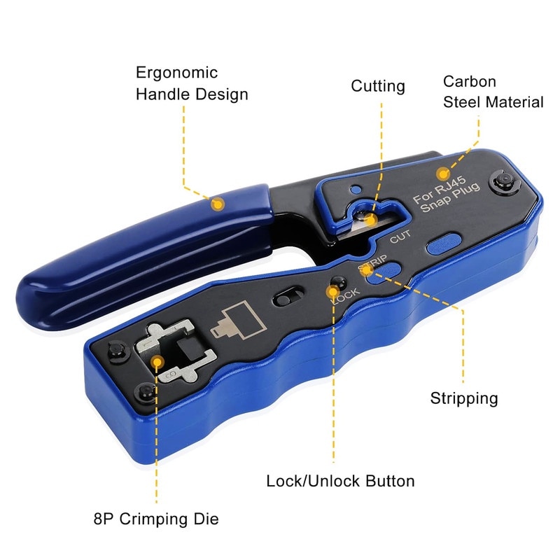 Set clesti RJ45, unelte de crimpare, 50 conectori Cat6, tester cablu ...