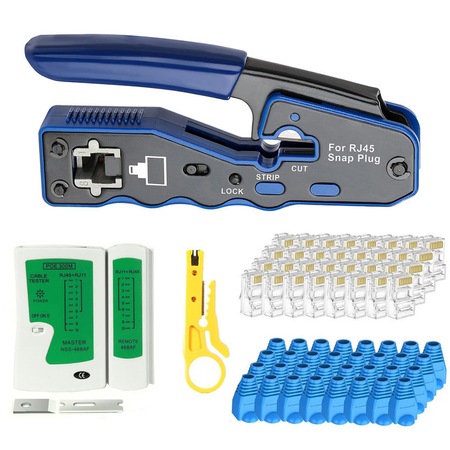 Set clesti RJ45, unelte de crimpare, 50 conectori Cat6, tester cablu ...