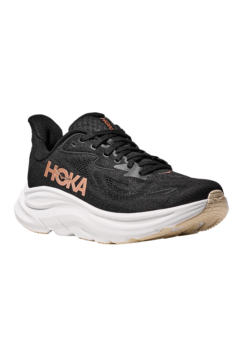 Hoka, Clifton 10 telitalpú kötött futócipő logóval, Fekete, Bronzszín ...
