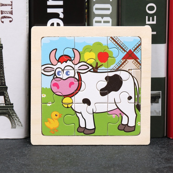 Puzzle din lemn pentru copii, animale de desene animate, interactiune ...