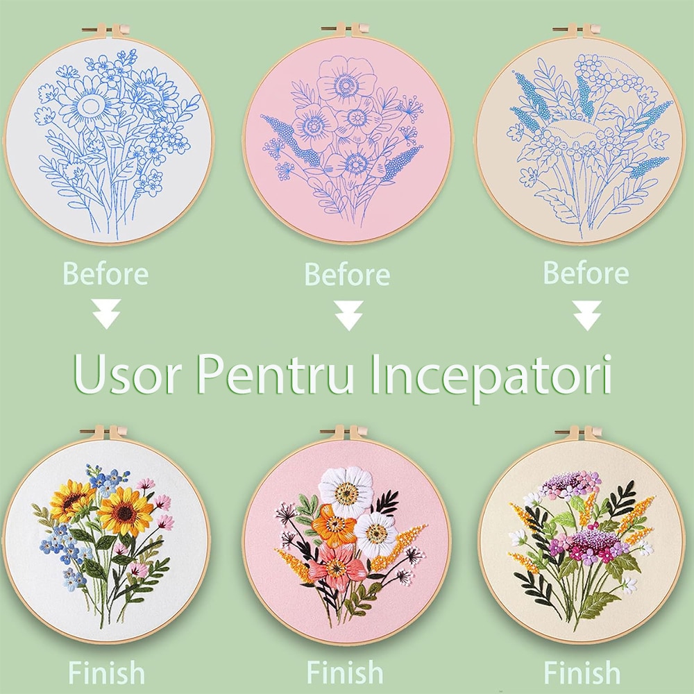 Kit broderie, Seafly®, modele florale, 20 cm, 3 cercuri bambus ...