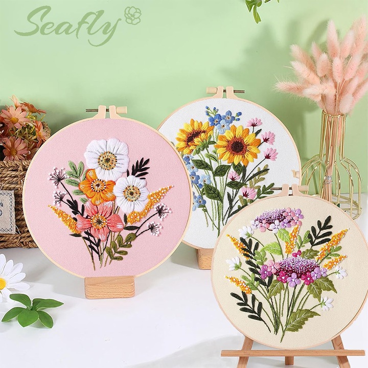 Kit broderie, Seafly®, modele florale, 20 cm, 3 cercuri bambus ...