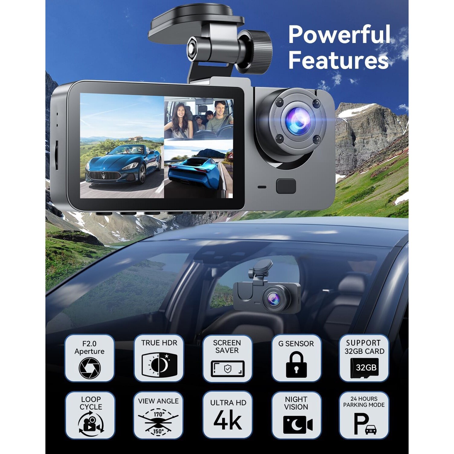 Camera auto DVR, Cu trei camere, Wi-Fi, FULL HD 4K, 1080P, Unghi 170 ...