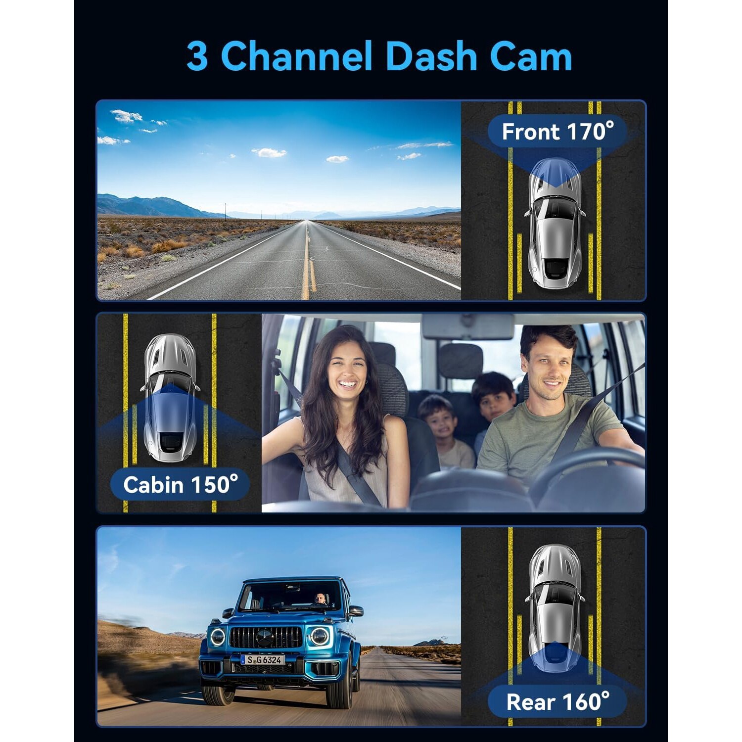 Camera auto DVR, Cu trei camere, Wi-Fi, FULL HD 4K, 1080P, Unghi 170 ...
