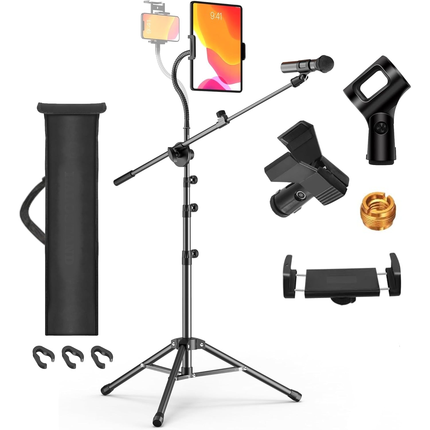 Set suport microfon, WALALLA, cu clema pentru iPad, pliabil pe podea ...