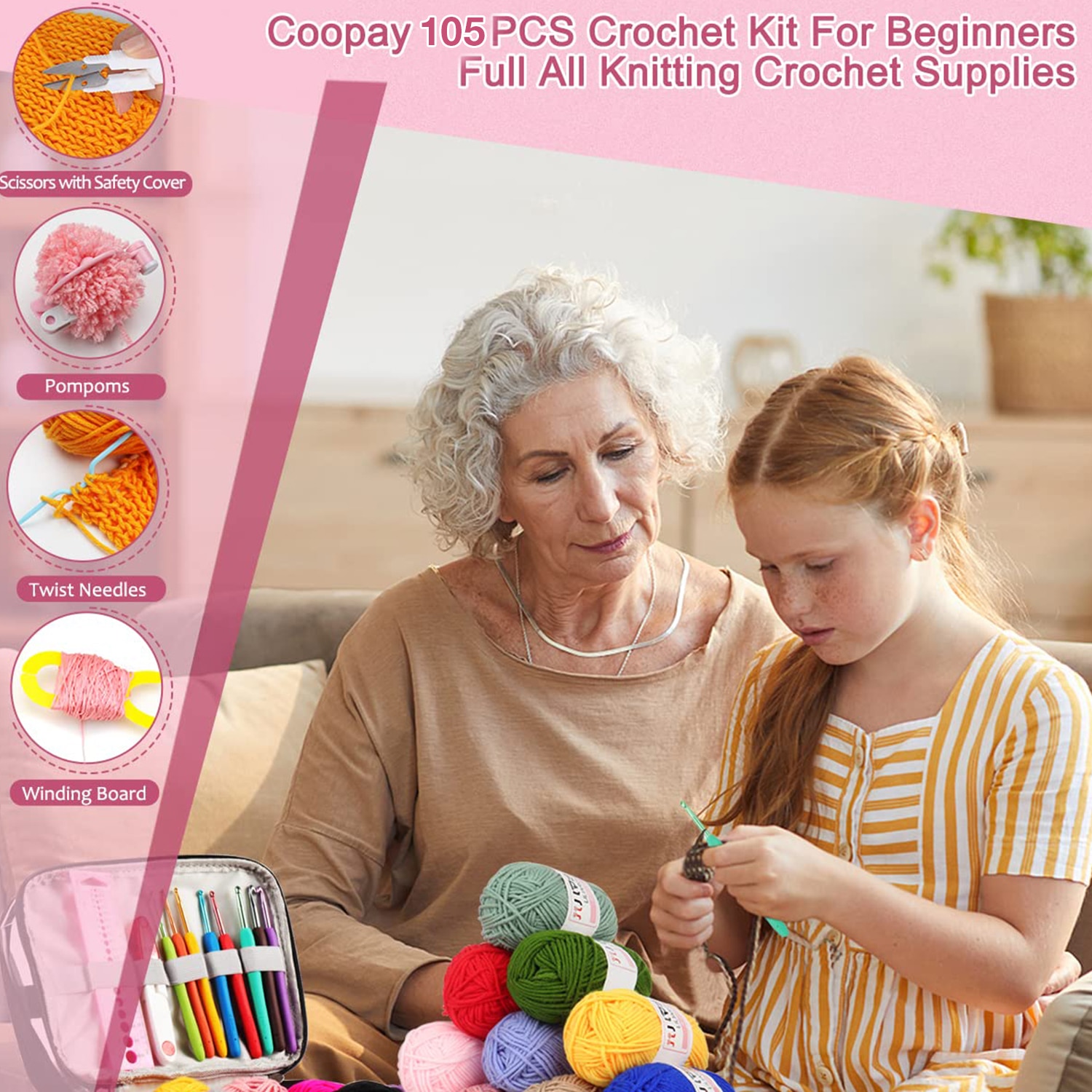 Kit de crosetat, Puepoul, 105 bucati, cu geanta de depozitare, inclusiv ...