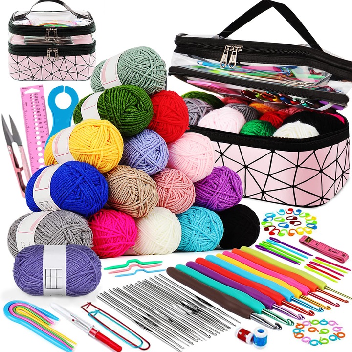 Kit de crosetat, Puepoul, 105 bucati, cu geanta de depozitare, inclusiv ...