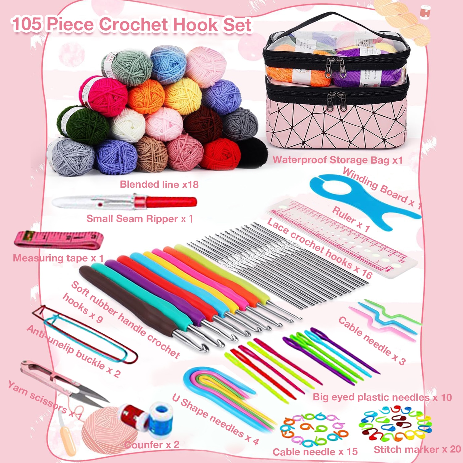 Kit de crosetat, Puepoul, 105 bucati, cu geanta de depozitare, inclusiv ...