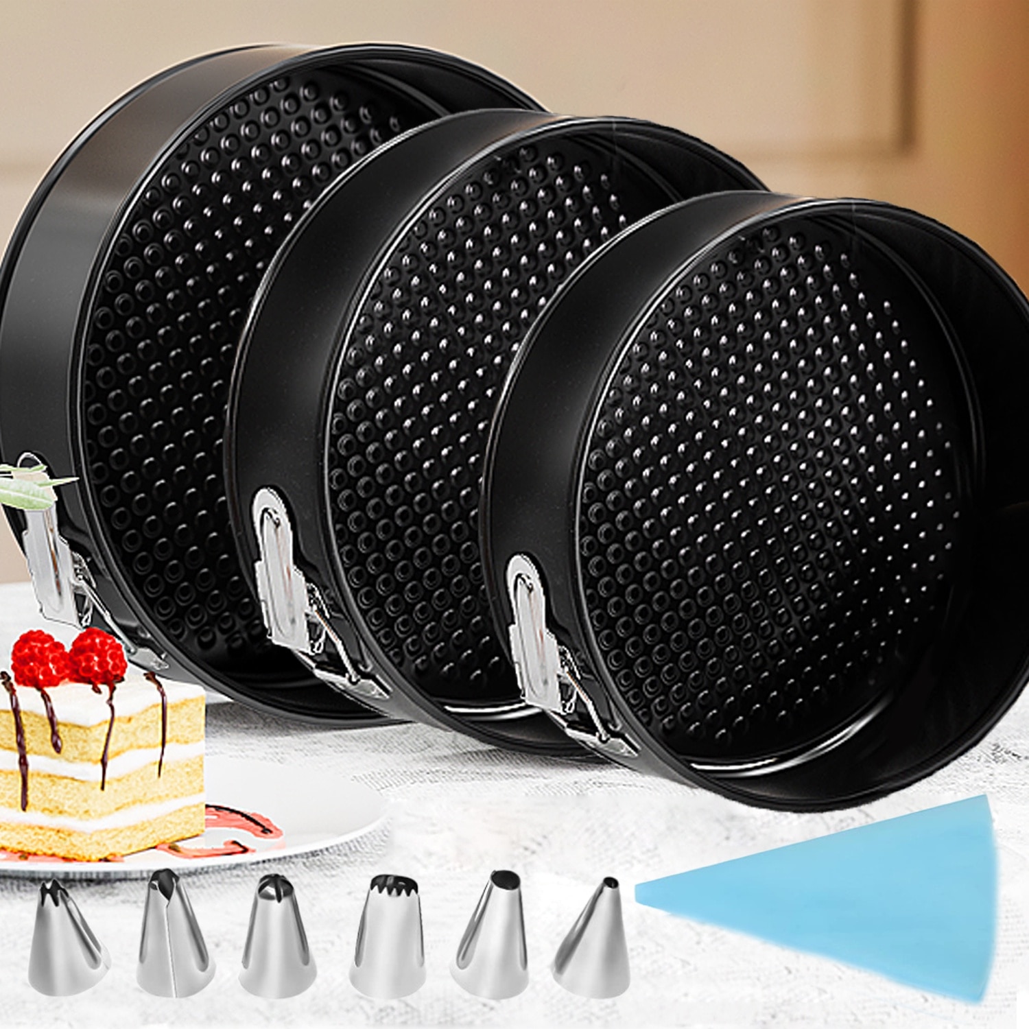 Set de 3 tavi rotunde din otel carbon, Puepoul, cu baza detasabila, cu ...