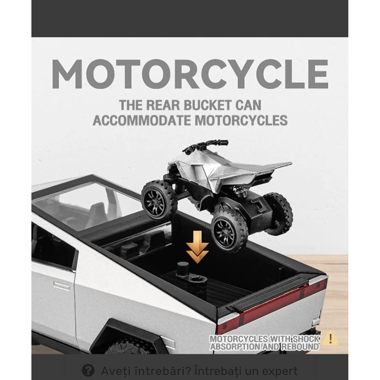 Macheta metal mecanica, model Tesla Cybertruck, ATV inclus, sunete, usi ...