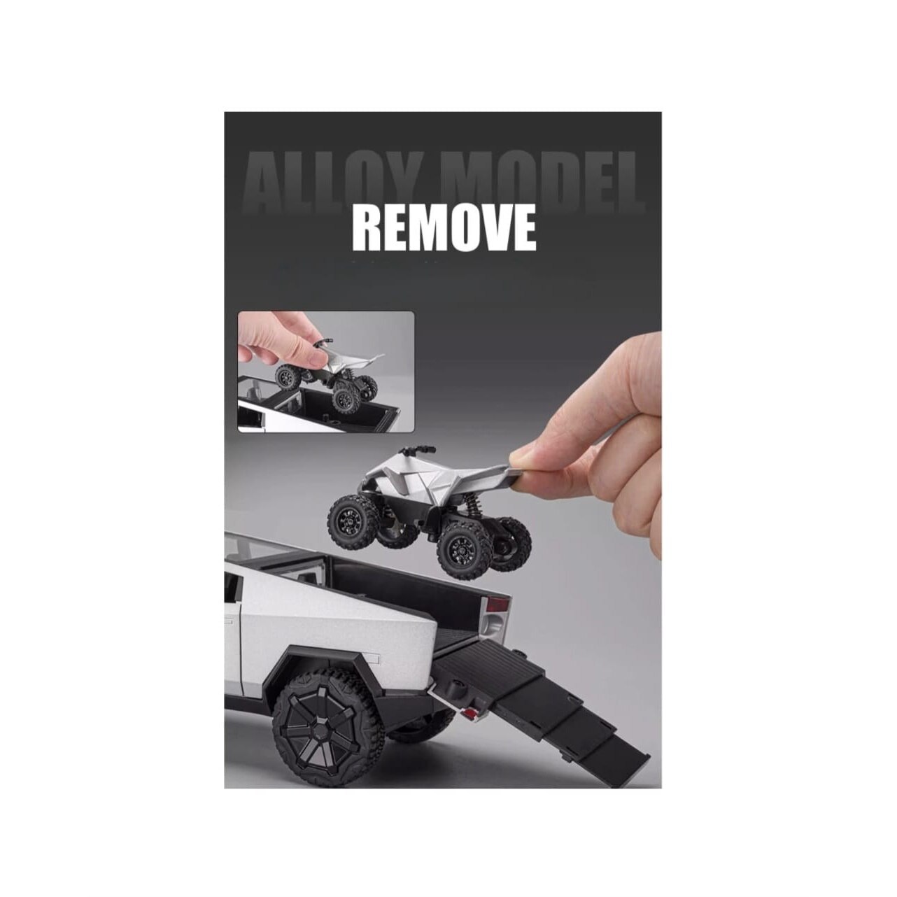 Macheta metal mecanica, model Tesla Cybertruck, ATV inclus, sunete, usi ...