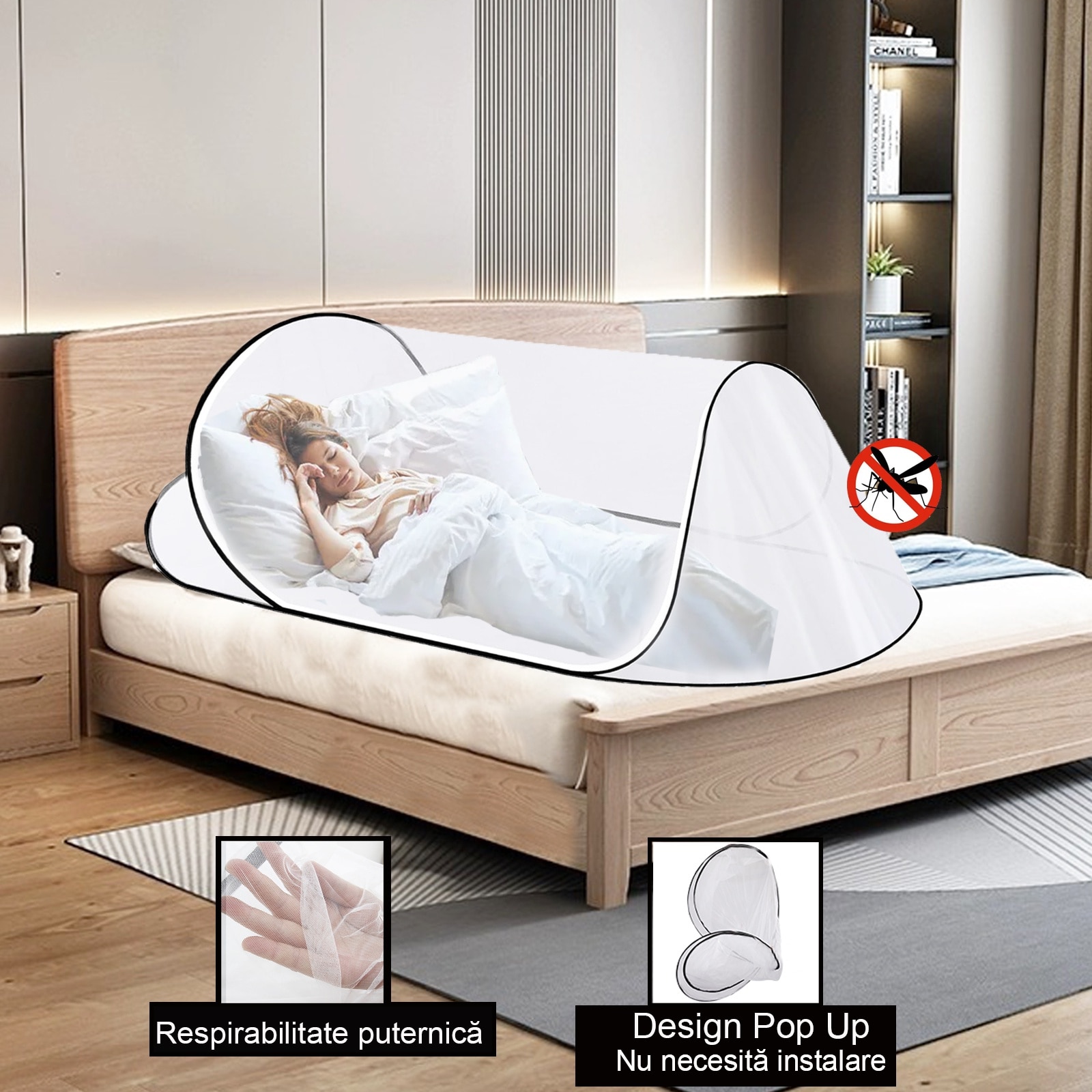 Plasa de tantari pop-up, pliabila, alba cu parti negre, 200 * 80* 56 cm ...