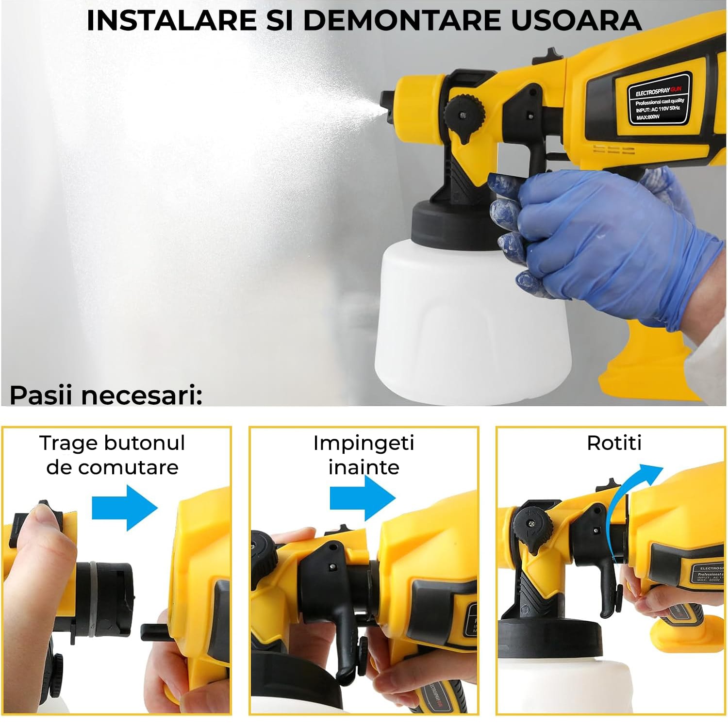 Pulverizator Vopsea Elindor®, Pistol de Vopsit Electric 800W, Pompa ...